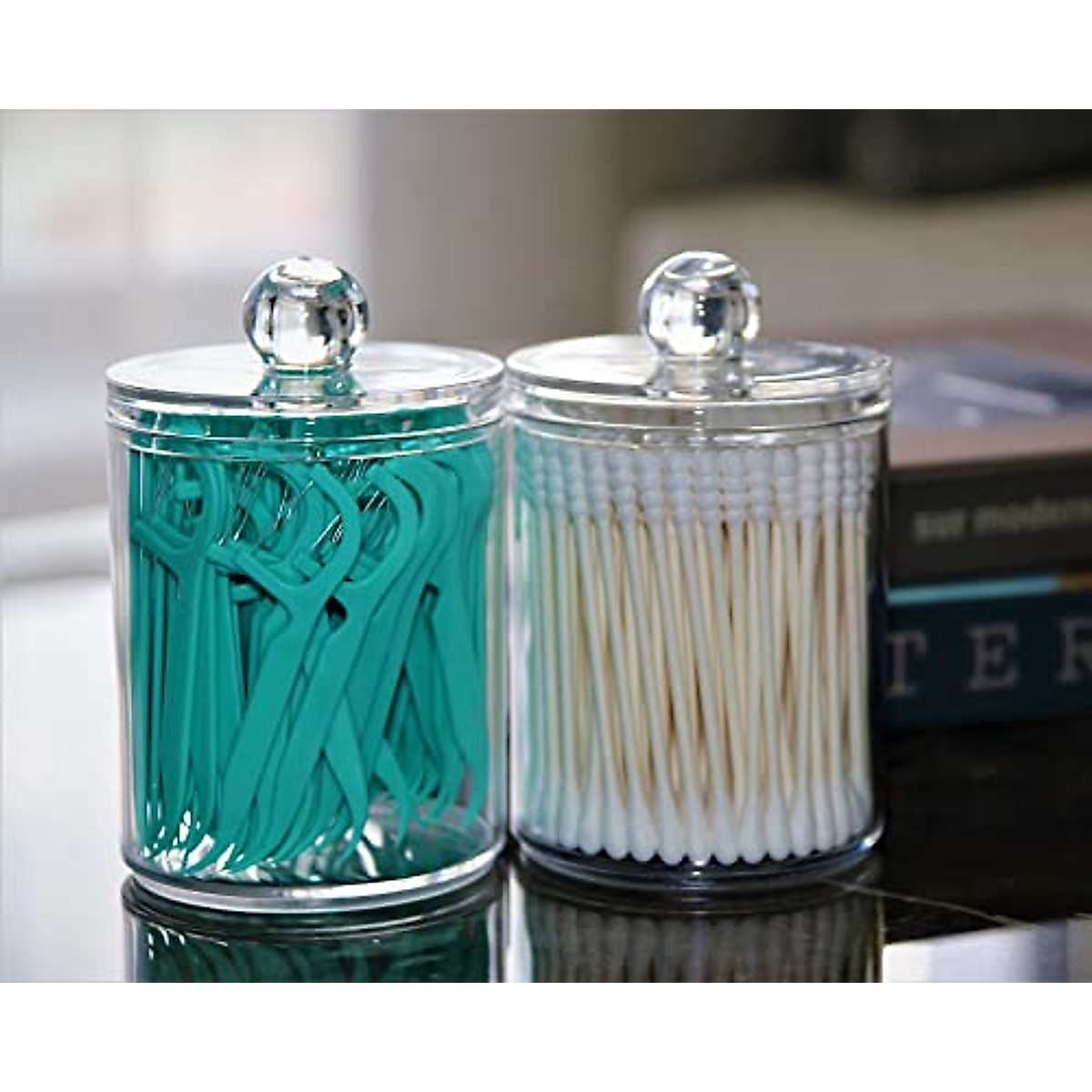 DAPOWER 2 Pack Qtip Holder Storage Canister for Cotton Ball, Cotton Swab, Pads, Floss; 10-Ounce Clear Plastic Apothecary Jar with Lid, Bathroom Makeup Organizer (2)