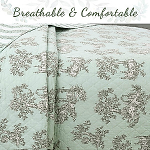 Cozy Line Home Fashions Vintage Cottage Garden Toile Mint Green 100% Cotton Reversible Girl Quilt Bedding Set, Coverlet, Bedspread (Garden Toile, King - 3 Piece)
