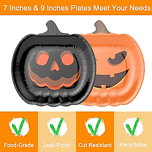 96 Pcs Halloween Pumpkin Paper Plates and Napkins Forks, Disposable Party Dessert Tableware Supplies Decorations Birthday Table Dinnerware Favors Set, Serves 24