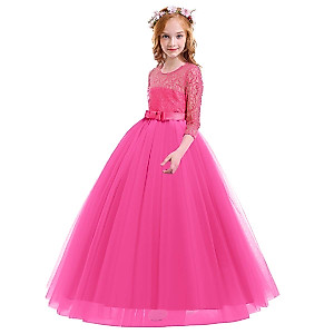 Spring Flower Girl Wedding Bridesmaid 3/4 Sleeves Kids Floral Lace Pageant Communion Princess Dress Prom Evening Dance Gown Hot Pink 7-8 Years