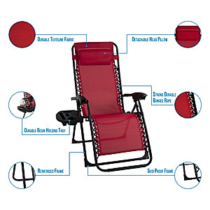 Sun-Ray Oversized Patio Chair with Leg Stabilizers and Big Cupholder, Adjustable Zero Gravity Folding Reclining Outdoor Chair with Pillow, Ruby Red