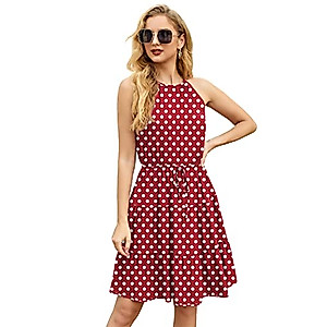 GRECERELLE Women 2023 Summer Halter Neck Dresses Sleeveless Casual Polka Dot Print Short Boho Ruffle Sundress(Medium, PD Wine Red)