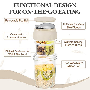 SOLIGT 2 Pack Overnight Oats Containers with Lids, Folding Spoons and Divided Compartments for Fruit & Nuts, Small Glass 16oz Mason Jars for Oatmeal Yogurt Parfait (2 Set-Oat White/Oat White)