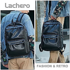 Men's 15 inch Laptop Backpack PU Leather Business Bookbag Large Capacity Casual Daypack for Work Commuting (Black)