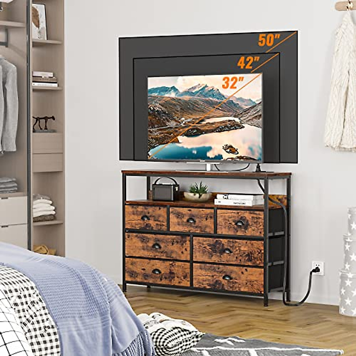 Furologee TV Stand with Power Outlets, Console Sofa Table with 7 Fabric Drawers and Shelves, Entertainment TV Media Center for 45" TV, Wide Storage Drawer Unit for Bedroom, Living Room