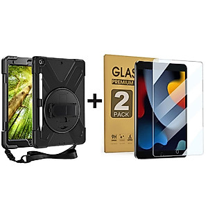 ZenRich Bundle for iPad 9th/8th/7th Gen 10.2'': 2-Pack Anti Blue Light Tempered Glass Screen Protectors &Rugged Full-Body Case, Black