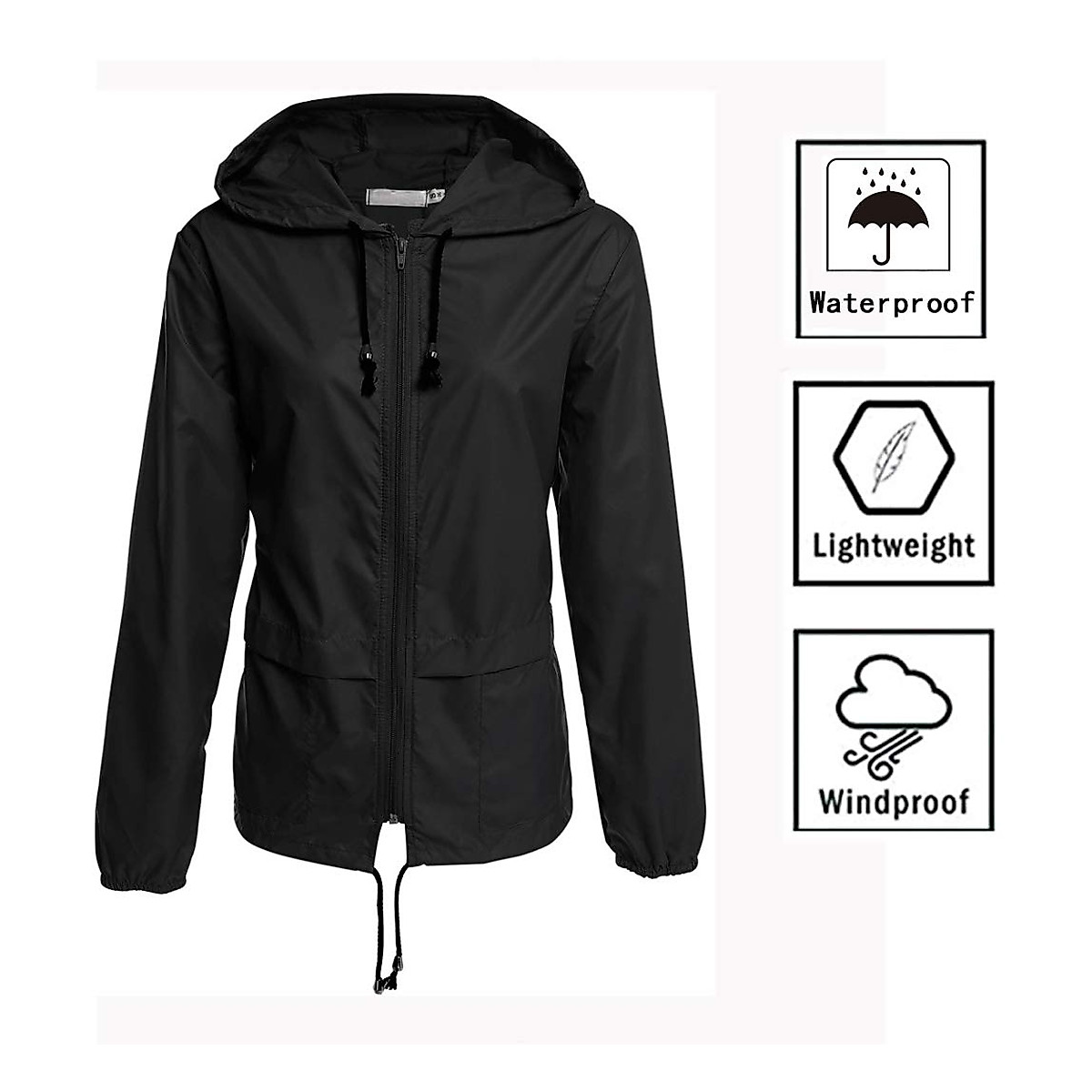 Hount Women's Lightweight Hooded Raincoat Waterproof Packable Active Outdoor Rain Jacket (Black, XL)