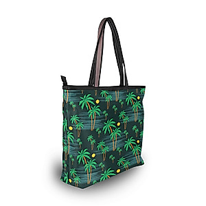 Women Tote Bag Zippered Shoulder Handbag Tropical Leaf Tote Purse with Pocket