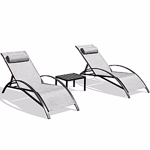 EROMMY All-Weather Textiline Recliner Chairs Set of 2 Outdoor Lounge Chairs with Adjustable Backrest (Arc Grey with Coffee Table, Set of 3)