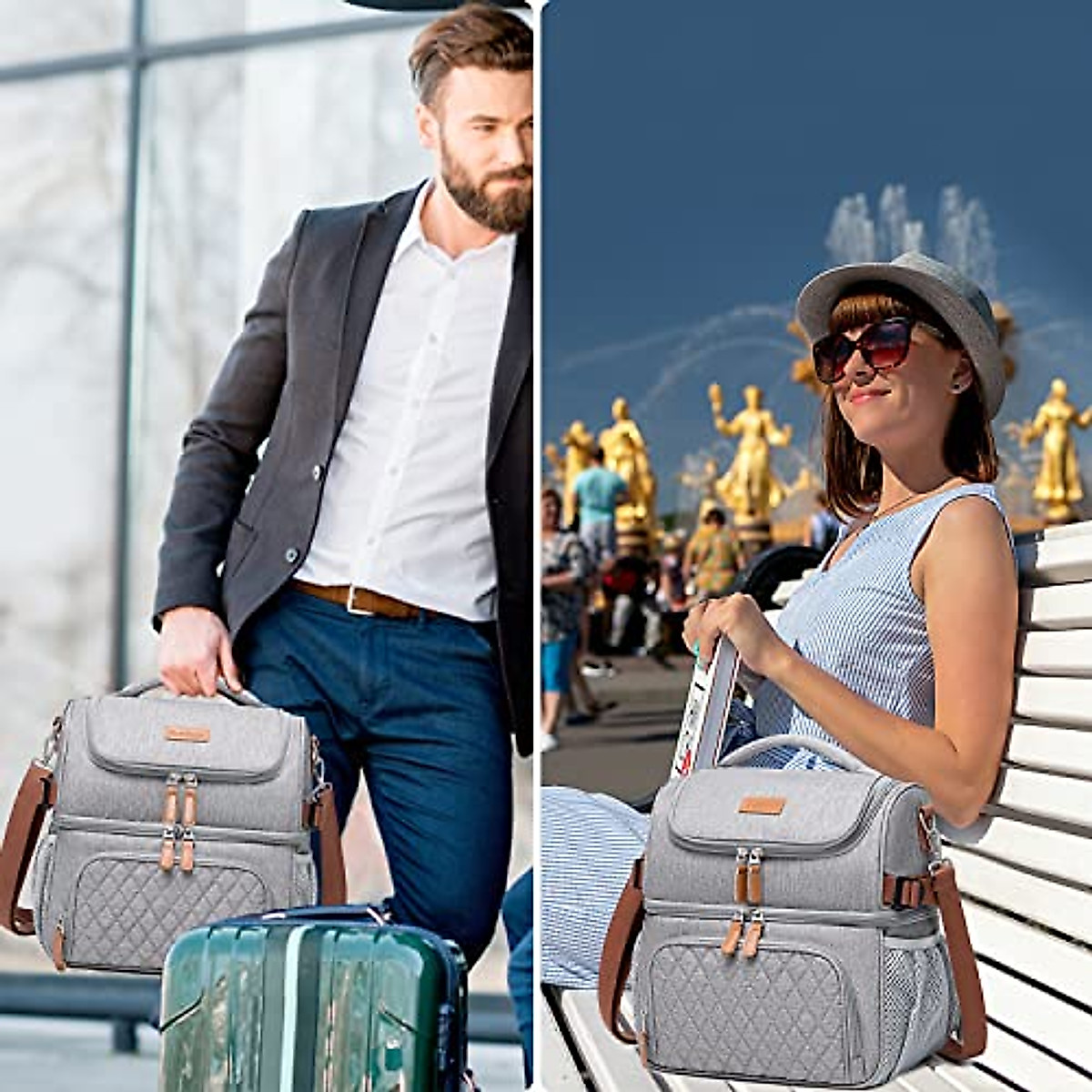 Artelaris Lunch Bag for Men Women, Large Double Deck Lunch Box Tote for Work, Dual Compartment Insulated Leakproof Lunchbox Cooler for Adult with Shoulder Strap & Side Pocket for Picnic Hiking Outdoor