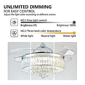 Silver Crystal Ceiling Fan with Lights and Remote,42 Inches Modern Retractable Blade Polished Chrome Ceiling Fans Light,Memory Infinite Dimmable 3 Lights Colors and 6 Speeds Air Circulation Chandelier