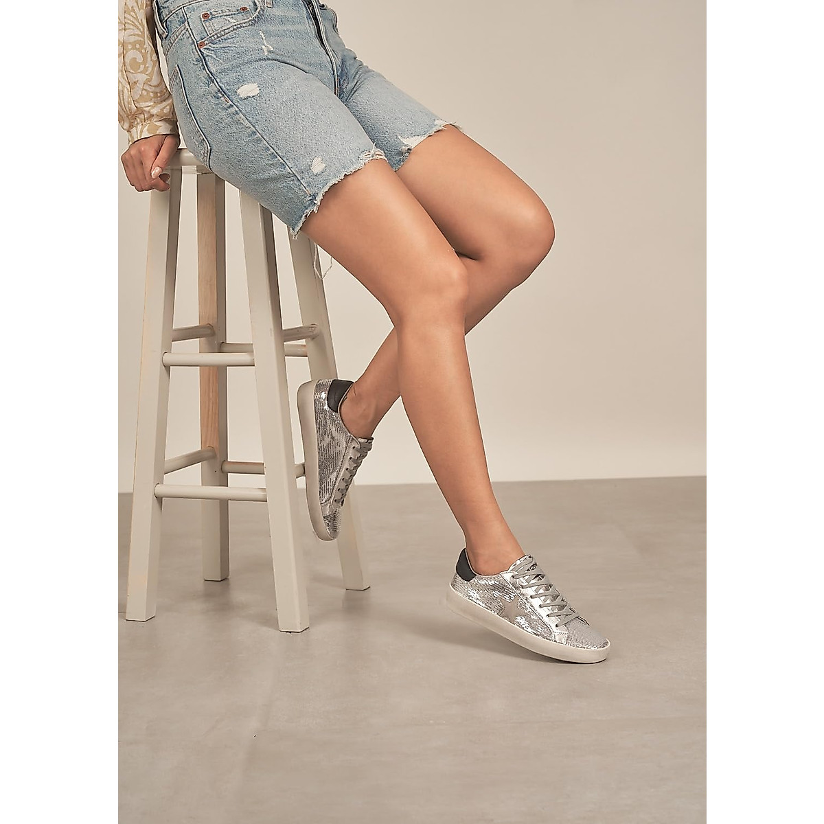 Mi.iM Brady Rubber Sole Lace-up Rhinestone Glitter Leather Suede Star Sneakers (8.5, Silver)