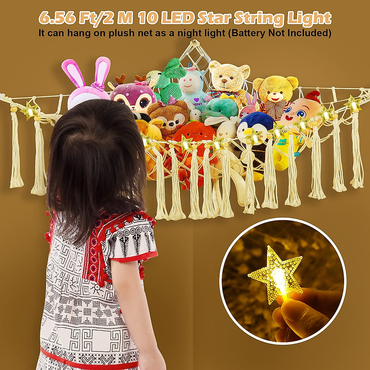 TATUFY Stuffed Animal Net or Hammock with LED Light, 55*41*41'' Plush Toys Hanging Corner Net, Handmade Boho Toys Storage Hammock Holder with Wood Beads, Tassels, Hooks (White)