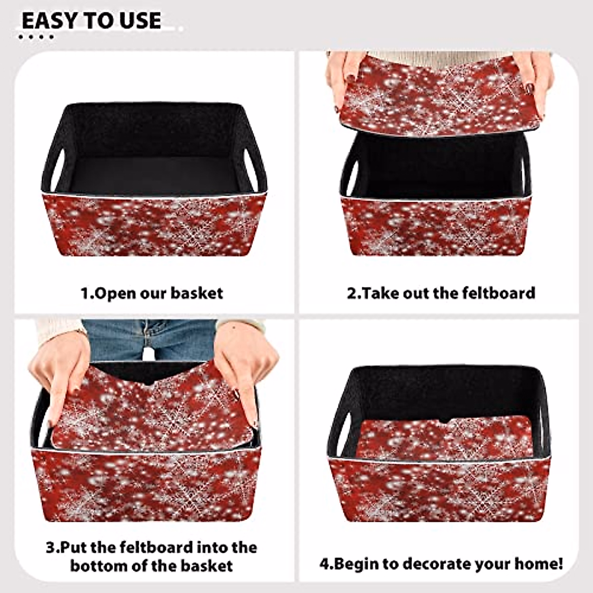 senya Christmas Storage Baskets 2 Pack, Christmas Background with Snowflakes Red Small Foldable Storage Box for Cosmetic Organizing Decorative Baskets for Shelves, Table, Home