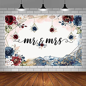 AIBIIN 7x5ft Navy and Blush Pink Floral Mr & Mrs Engagement Decorations Backdrop for Couples Wedding Bride and Groom Engaged Ceremony Anniversary Bridal Shower Photography Background Photo Booth Props