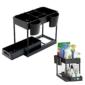 Under Sink Organizers and Storage with 4 Hooks, 2 Hanging Cups & Dividers Under Sink Cabinet Basket Storage 2 Tier Shelf for Bathroom and Kitchen (Black)