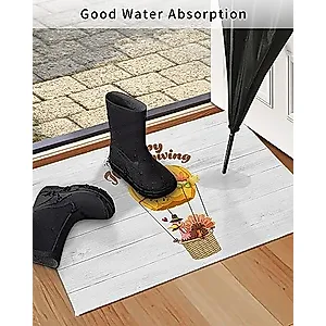 Savannan Floor Mats,Happy Thanksgiving Cartoon Turkey in Pumpkin Shaped Hot Air Balloon Wooden Non Slip Latex Backing Ultrathin Loop Pile Door Rugs for Dining Room Office Home Decor 24"x32"