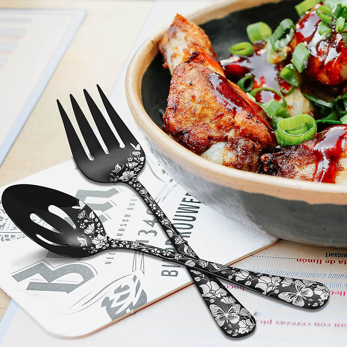 73-Piece Black Silverware Set for 12 with Steak Knife & Serving Set, Stapava Stainless Steel Flatware Cutlery Set, Eating Utensils Tableware, Butterfly Flower Design, Mirror Polish, Dishwasher Safe