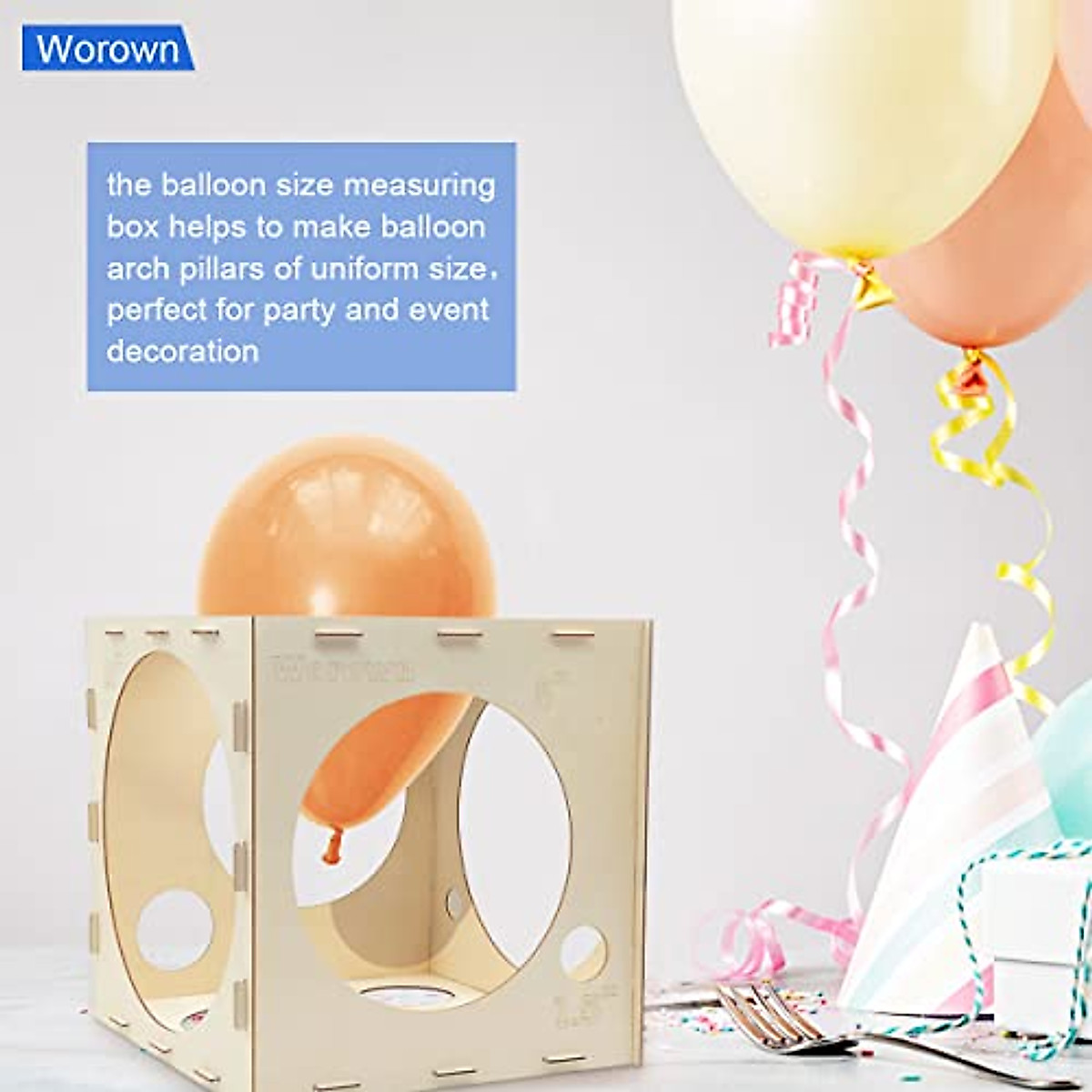 Worown 14 Holes Collapsible Wood Balloon Sizer Box, 1-10 Inch Balloon Sizer Cube, Balloon Size Measurement Tools for Balloon Arches, Balloon Columns, Balloon Decorations