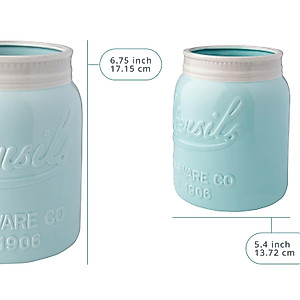 Comfify Wide Mouth Mason Jar Utensil Holder Decorative Kitchenware Organizer Crock, Chip Resistant Ceramic, Dishwasher Safe - Kitchen Caddy Aqua Blue for Countertop, Large Size 7" High