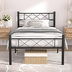 VECELO Twin Size Bed Frame with Headboard, Heavy-Duty Platform/Mattress Foundation with Metal Slats Support, No Box Spring Needed/Easy Assembly, Matte Black