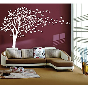 White Tree Wall Decals Leaves Blowing in The Wind Tree Wall Sticker Vinyl Art Kids Rooms Teen Girls Boys Wallpaper Murals Sticker Wall Stickers Nursery Decor Nursery Decals