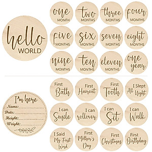 Baby Milestone Cards Wooden Monthly Cards and Infant First, Double Sided Engraved Photo Prop Discs,Gift Set for Baby Shower and Newborn,Come with Velvet Gift Bag (Round style2)