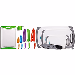 EatNeat 12 Pc Colorful Kitchen Knife Set - Camper Must Haves 5 Stainless Steel Knives with Safety Sheaths 5 pc Cutting Board and Kitchen Knife Set