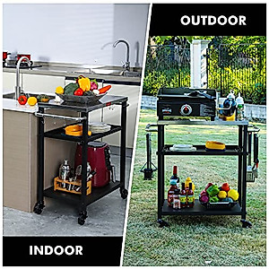 Feasto Rolling 3-Tier Adjustable Outdoor Pizza Oven Table and Food Prep Cart Table, Home and Outdoor Multifunctional Stainless Steel Table Top Worktable on Four Wheels, L34’’x W16.1’’x H33’’