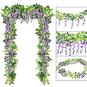 Sunm Boutique 4Pcs 6.6FT Artificial Flowers Silk Wisteria Garland Artificial Wisteria Vine Rattan Silk Hanging Flower Purple Wisteria Vine Flower for Home Garden Ceremony Wedding Arch Floral Decor