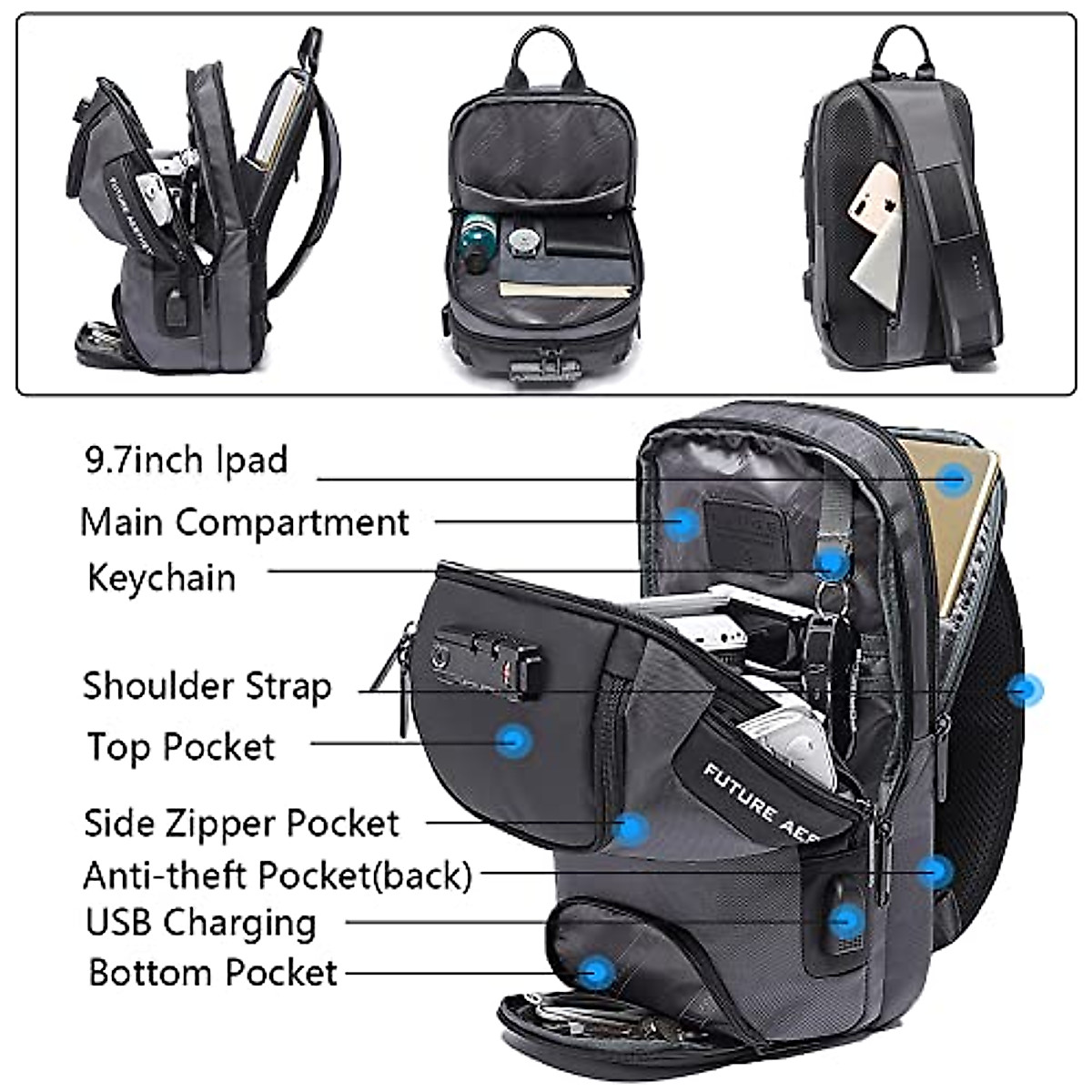 Uaskmeyt Anti Theft Sling Bag Sling Backpack with TSA Lock, Shoulder Bag Crossbody Backpack with USB Charging Port, Water Resistant Over Shoulder Chest Casual Daypacks (Gray)