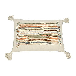 Creative Co-Op Woven Cotton Slub Lumbar Applique, Fringe and Tassels Pillow, 24" L x 16" W x 2" H, Multicolor