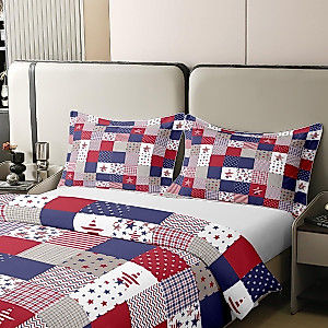 Feelyou Patriotic 4th of July Bedding Set King Size Americana Stars Plaid Duvet Cover 100% Cotton for Adults Women Men Independence Day Comforter Cover Set Red Blue Bedspread Cover 3Pcs,No Comforter
