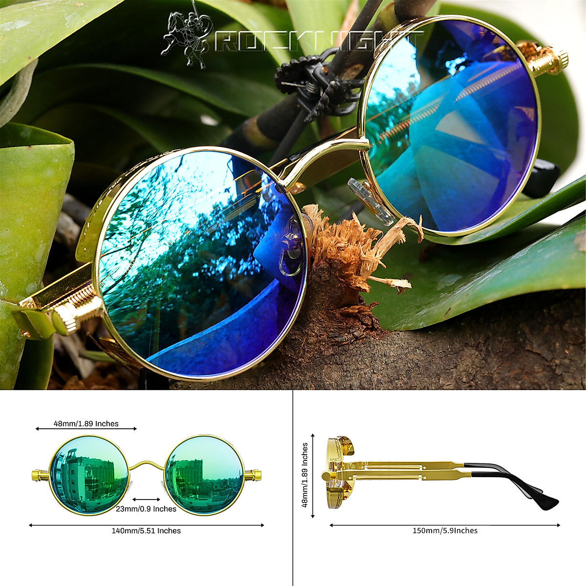 ROCKNIGHT Steampunk Polarized Circle Sunglasses For Men Women Mirrored Green Sunglasses Metal Frame