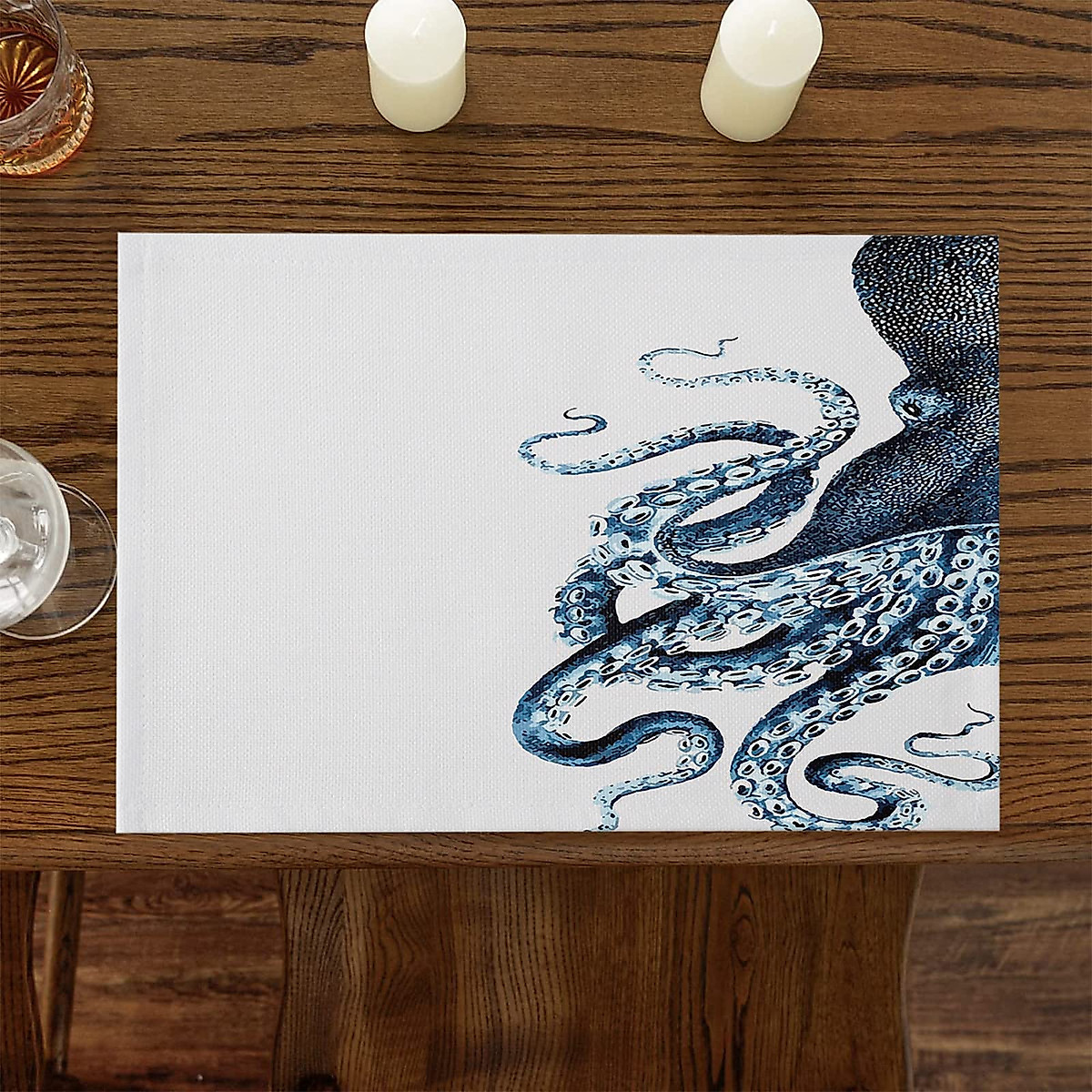Octopus Placemats for Dining Table Set of 4, Nautical Sea Ocean Giant Octopus Tentacles Kraken Table Mats Stain Resistant Heat Insulation Non-Slip Washable Table Decoration for Kitchen, Blue