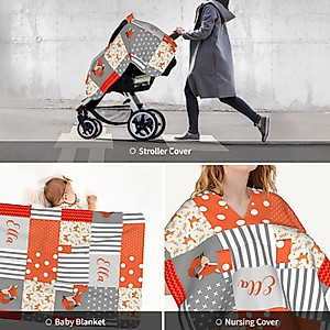 Personalized Fox Plaid Baby Infant Car Seats Canopy for Babies with Name, Custom Multi-use Blankets for Baby Boys Girls, Peekaboo Minky Nursing Breastfeeding Stroller Cover Canopies for Newborn
