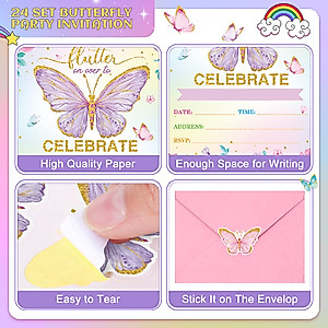 24 Pcs Birthday Butterfly Invitations Butterfly Birthday Party Invitations with Envelopes Floral Butterfly Invitation Cards Stickers for Butterfly Party Birthday Baby Shower Wedding Decor (Purple)