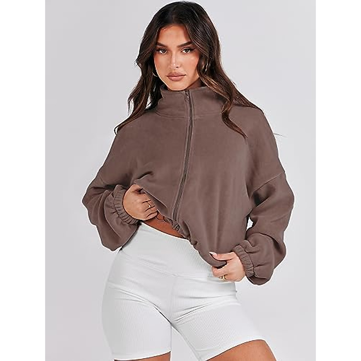 ANRABESS Jacket for Women Full Zip Oversized Fleece Crop Sherpa Coat Long Sleeve Drop Shoulder Stand Collar Drawstring Hem Soft Cozy Thick Trendy Winter Tops Outfits 1097qianzong-L