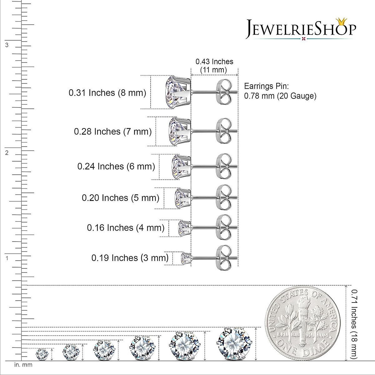 JewelrieShop Stud Earrings Surgical Steel Earrings for Sensitive Ears Hypoallergenic Cubic Zirconia Stud Earrings Pack for Women (6 Pairs, White CZ, Silver Post, 3-8mm, 6 Prong)