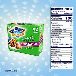 Blue Diamond Almonds Whole Natural Raw Snack Nuts, 100 Calorie Travel Bags, 32 count