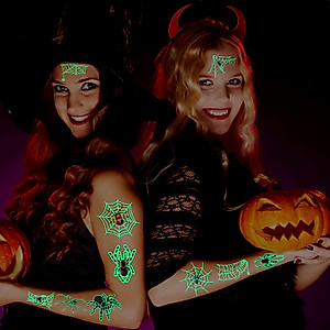 Cerlaza 10 Sheets Glow Spider Web Temporary Tattoos for Halloween Decorations, Fake Small Spider Tattoos for Halloween Party Games Favors, Halloween Treats Gifts for Adults Kids