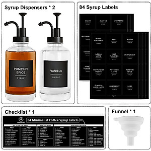 Glass Coffee Syrup Dispenser with 84 Syrup Labels (Set of 2), Fancy Pump Dispenser for Coffee Bar Accessories, 16.9 oz, Black Labels