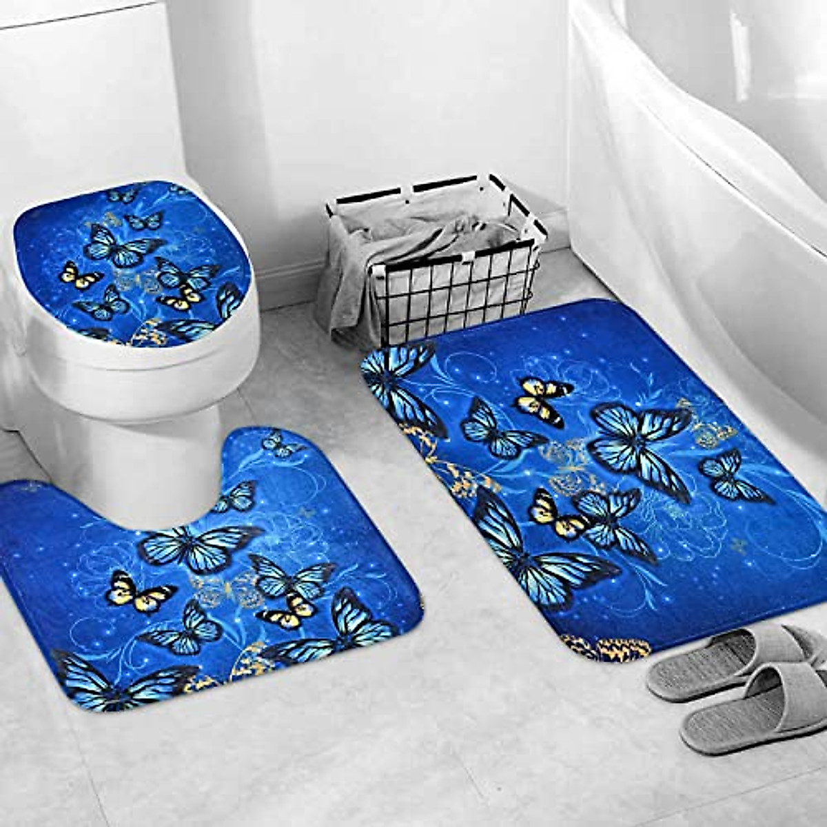 Claswcalor 4 Pcs Flower Butterfly Shower Curtain Set with Non-Slip Rug, Toilet Lid Cover and Bath Mat, Blue Floral Shower Curtain with 12 Hooks, Waterproof Fabric Shower Curtains for Bathroom Decor