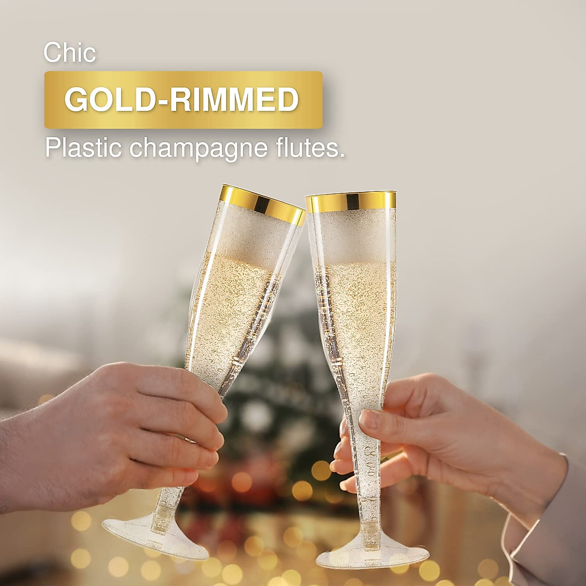 CHATEAU FINE TABLEWARE 36 Plastic Champagne Flutes, 6.5 Oz Plastic Glasses Gold Rim & Glitter Gold Mimosa Glasses, Brunch Decor, Plastic Flutes Champagne Disposable