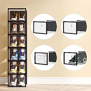 JOISCOPE 12 Pack Shoe Storage Boxes, Fit up to US Size 13, Clear Plastic Stackable Shoe Organizer for Closet, Space Saving Foldable Shoe Containers Bins Sneaker Container, Black