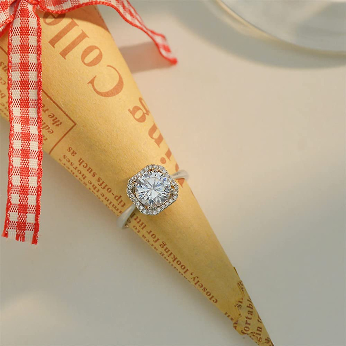 CHERUBIC Platinum Plated Sterling Silver Square Halo Ring For Women Crystal Cubic Zirconia Birthstone Rings Adjustable