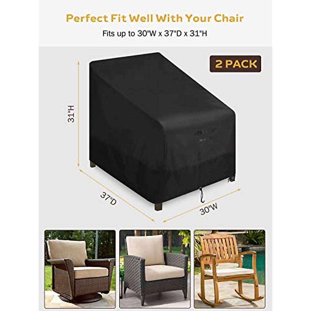 Patio Chair Covers Waterproof, Heavy Duty Outdoor Lounge Deep Seat Chair Cover, Lawn Patio Furniture Covers 2 Pack Fits up to 30W x 37D x 31H inches | Black