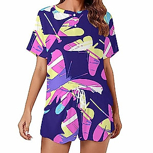 InterestPrint Butterflies and Dragonflies SIL-houettes Women's Shorts Button Up Pajama Shorts Suit Drawstring Shorts Set Lounge Sets