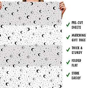 CENTRAL 23 - White Wrapping Paper - 6 Sheets of Monochrome Gift Wrap - Moons and Stars - Birthday Wrap for Her - Birthday Wrapping Paper for Men and Women - Recyclable