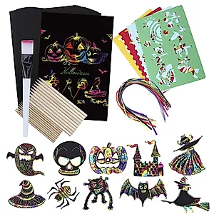 LUREME Scratch Paper Art Set 107 Pcs Rainbow Magic Scratch Off Arts and Crafts Supplies Kits Sheet Party Favor Christmas Easter Craft Birthday Gifts (ME000010-2) Halloween